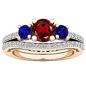 Dazzlingrock Collection 5.5 MM Round Garnet,Blue Sapphire & Diamond Wedding Ring Set in 18K Rose Gold, Size 7.5