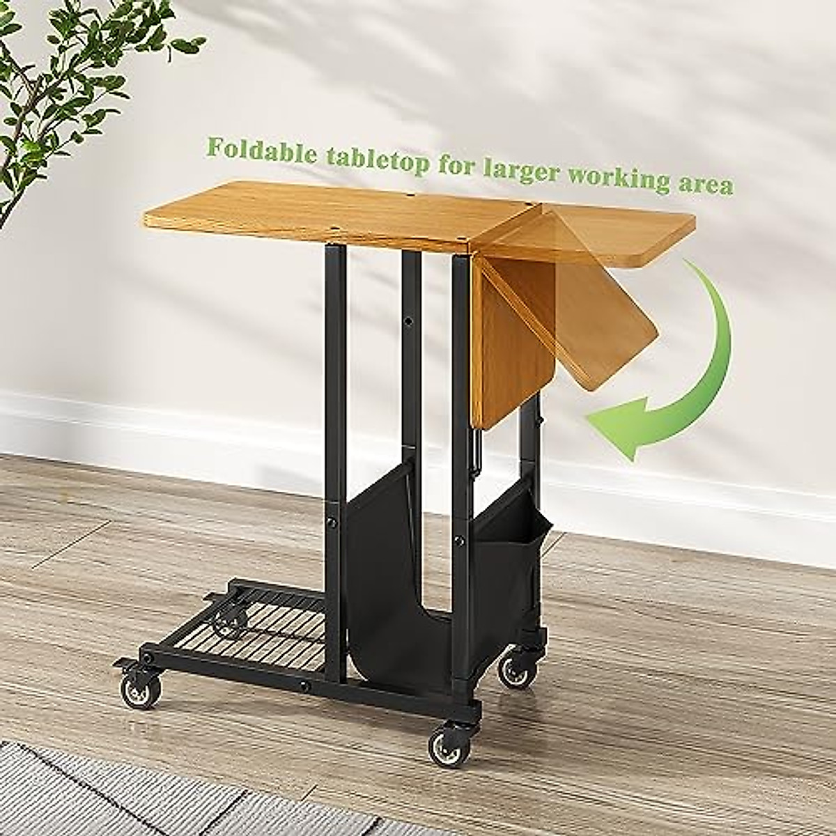 Simple Trending Side Table, C-Shape Folding Table with Wheels, Laptop Tray Table for Sofa and Bed, Living Room, Bedroom