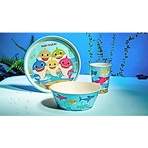 Zak Designs Baby Shark Dinnerware Set for Kids Includes 8" Plate, 6" Bowl, and 10oz Tumbler, Durable and Sustainable Melamine Bamboo Material (3-Piece Set)