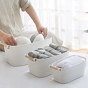 Storage Bins with Wood Handle, Sleek Design - White Matte Plastic Organizer Bucket Container for Pantry Shelf, Kitchen, Closet, Bathroom, Durable, Easy to Clean (WHITE, MEDIUM) (MEDIUM)