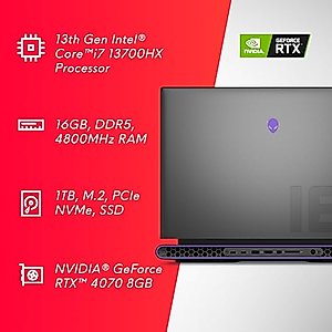Alienware M18 Gaming Laptop QHD+ Display, Intel Core i7-13700HX, 16 GB DDR5 RAM, 1 TB SSD, NVIDIA GeForce RTX 4070 8 GB GDDR6, Windows 11 Home, 1 Year Premium Support, Dark Metallic Moon.