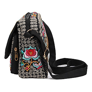 Vintage Embroidery 6.5" Canvas 3 zip Small Crossbody Bag Cell Phone Pouch Wallet Bag Coin Purse for Women (Black + Flower)