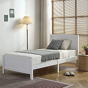 TOVRON Wood Bed Frame Twin Size with Curved Headborad and Footboard White Platform Bed with Wood Slat Single Panel Bed with Extra Support, No Box Spring Needed