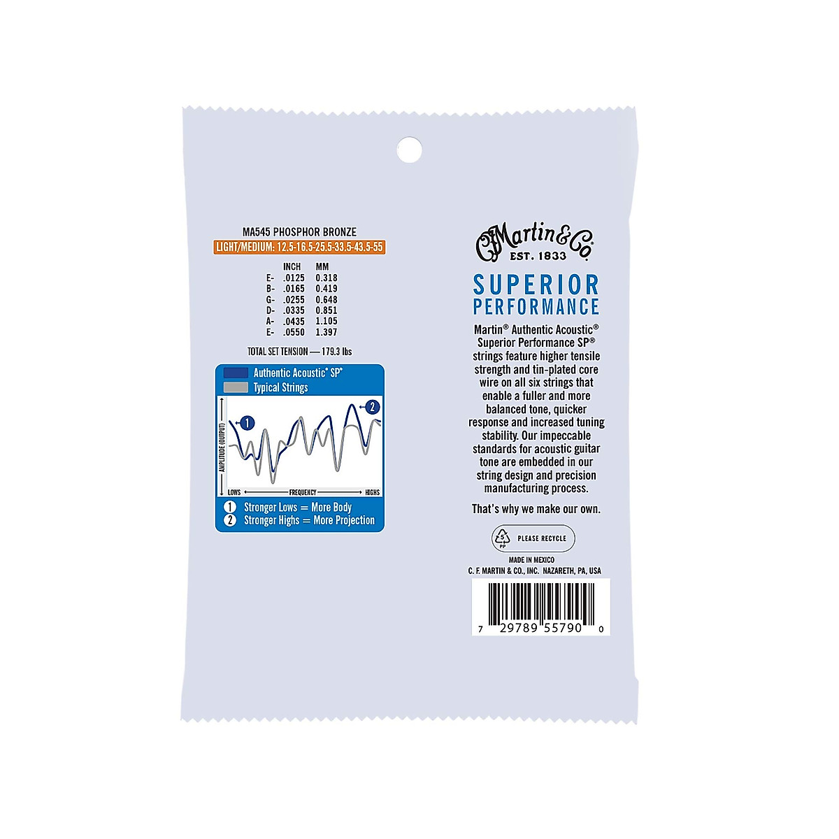 Martin Authentic Acoustic Guitar Strings, Superior Performance Medium 12.5-55, 92/8 Phosphor Bronze