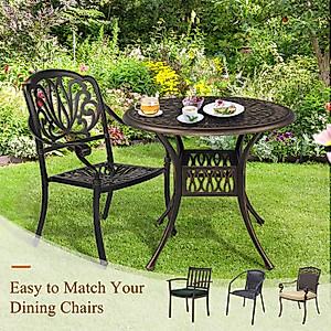 VINGLI Patio Dining Table, Patio Table with Umbrella Hole Outdoor Dining Table, Cast Aluminum Outdoor Bistro Table Outdoor Furniture Garden Table (35.4”Diax29.5”H)
