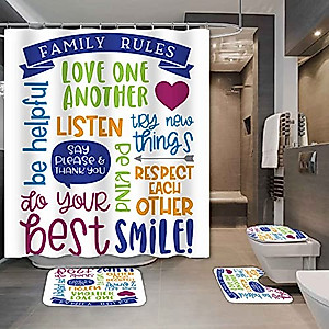 4 Pcs Family Rules Shower Curtain Set, Educate Inspirational Quotes Bathroom Sets with Shower Curtain and Rugs, Shower Curtain and Bath Mat, Toilet Lid Cover and U Shaped Rug, 12 Hooks, SETXTSD84