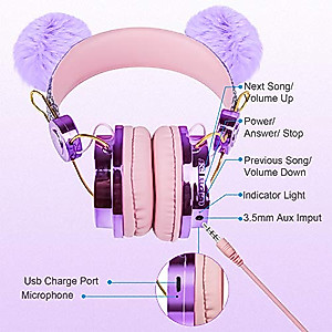 Kids Headphones, Wireless Headphones for Kids POM POM Bear Ear Bluetooth Headphones with Adjustable Headband, Over On Ear Headset w/Mic for Girls/School/Kindle/Tablet/Birthday Xmas Gift