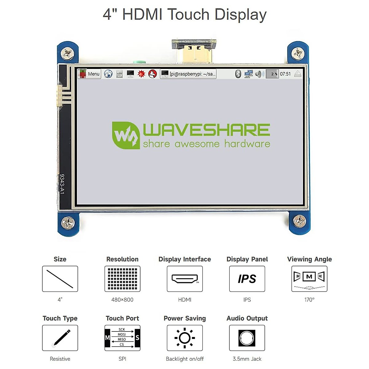 waveshare 4inch Resistive Touch Screen LCD Compatible with Raspberry Pi 4B/3B+/3A+/2B/B+/A+/Zero/Zero W/WH/Zero 2W CM3+/4 480×800 Resolution HDMI IPS Supports Windows