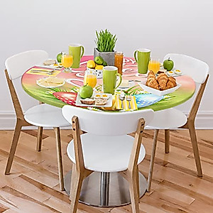 Easter Round Tablecloth with Elastic Edge, Happy Easter Rabbit Bunny Egg Fitted Tablecloth Washable Wipeable Spillproof Polyester Table Cover for Kitchen Dining Party Holiday Fits Round Table 45-56 In