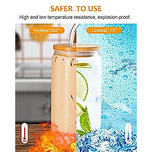 YSJILIDE Glass Cups with Bamboo Lids and Glass Straws 4 Set, 16oz Can Shaped Drinking Glass Cups, Iced Coffee Cup, beer glasses Ideal for cocktails, whisky, juice, DIY, Gifts - 2 Cleaning Brushes