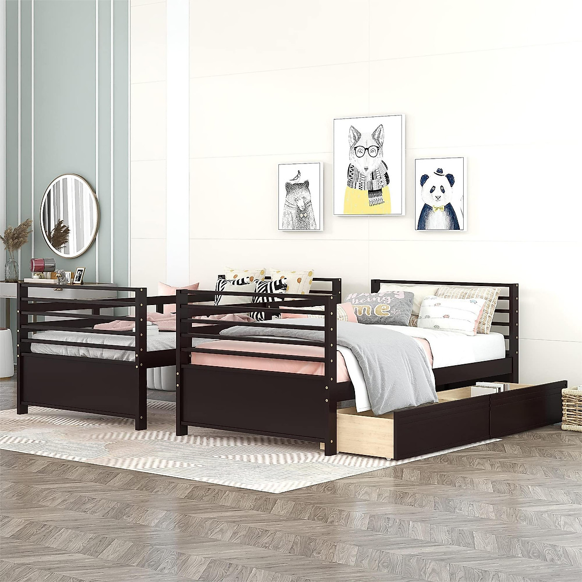 Twin over Twin Bunk Bed with Two Storage Drawers, Solid Wood Bunk Beds with Guardrails and Angle Ladders for Kids Boys Girls Teens, can be Divided into Two Individual Beds (Twin Size, Espresso)