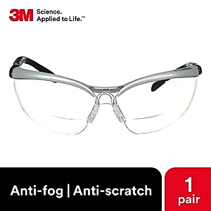 3M Safety Glasses with Readers, BX, +2.0, ANSI Z87, Anti-Fog Anti-Scratch Clear Lens, Silver Frame, Adjustable Length Temples and Lens Angle