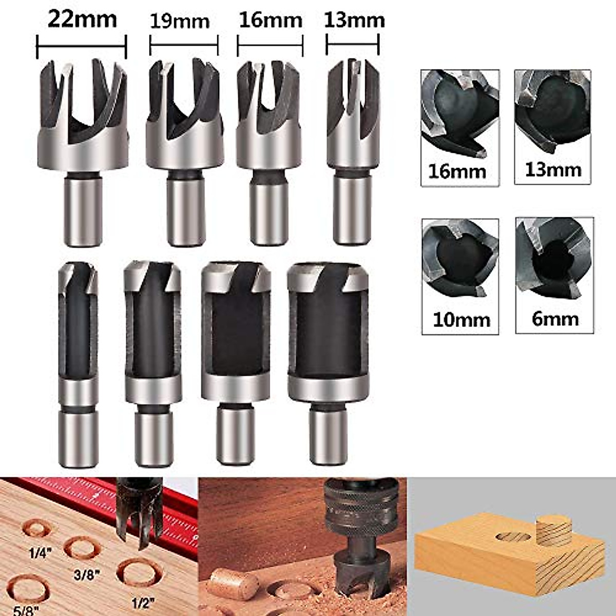 YEEZUGO 23-Pack Woodworking Chamfer Countersink Drill Bit, 6pcs 1/4" Hex 5 Flute 90 Degree Countersink Drill Bits, 7pcs Three Pointed Countersink Drill Bit, 8PCS Wood Plug Cutter, and Automatic