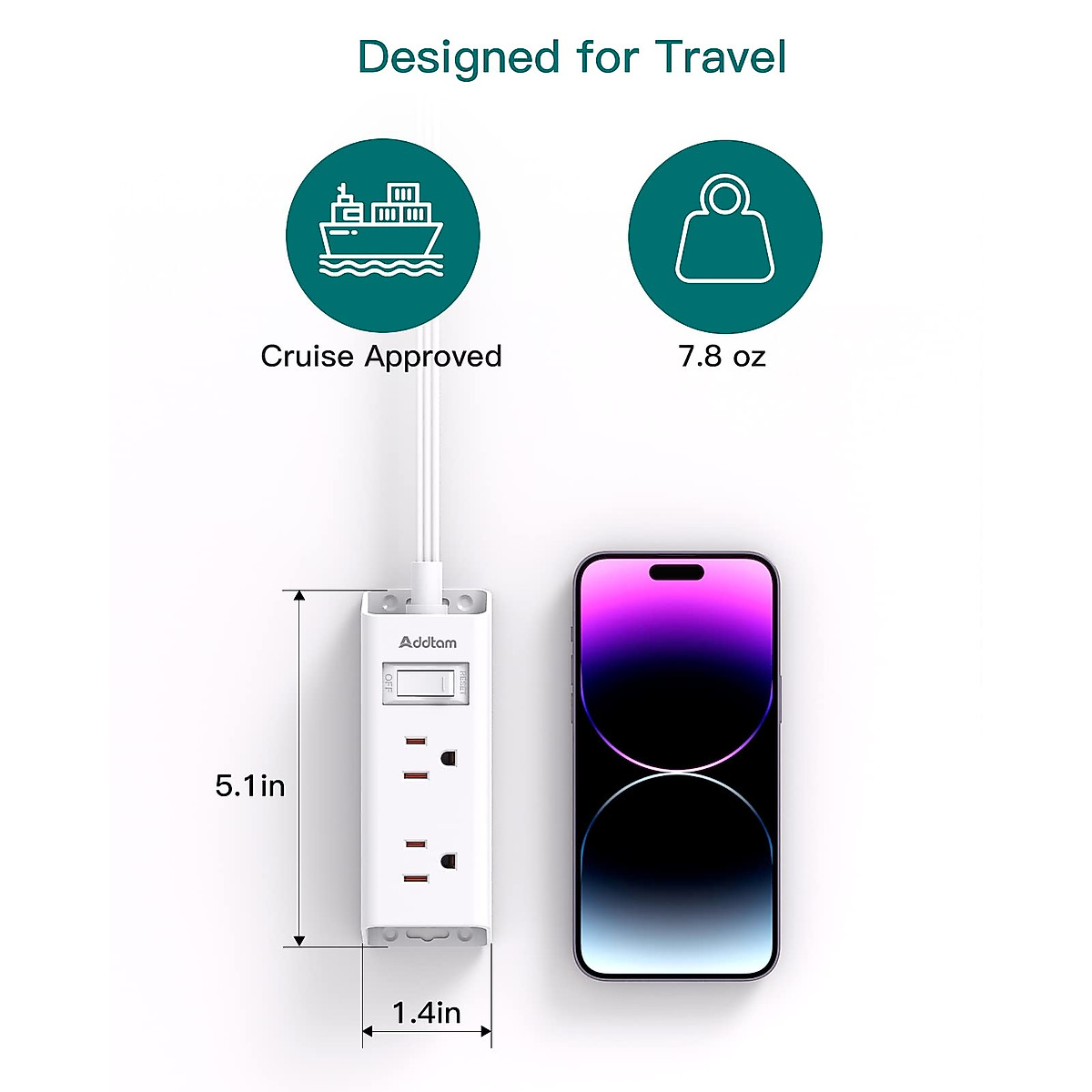 Cruise Essentials - Flat Plug Power Strip, Addtam 5 ft Ultra Flat Extension Cord with 6 Outlets Extender, No Surge Protector for Cruise Ship, Travel, Dorm, Home Office, ETL Listed