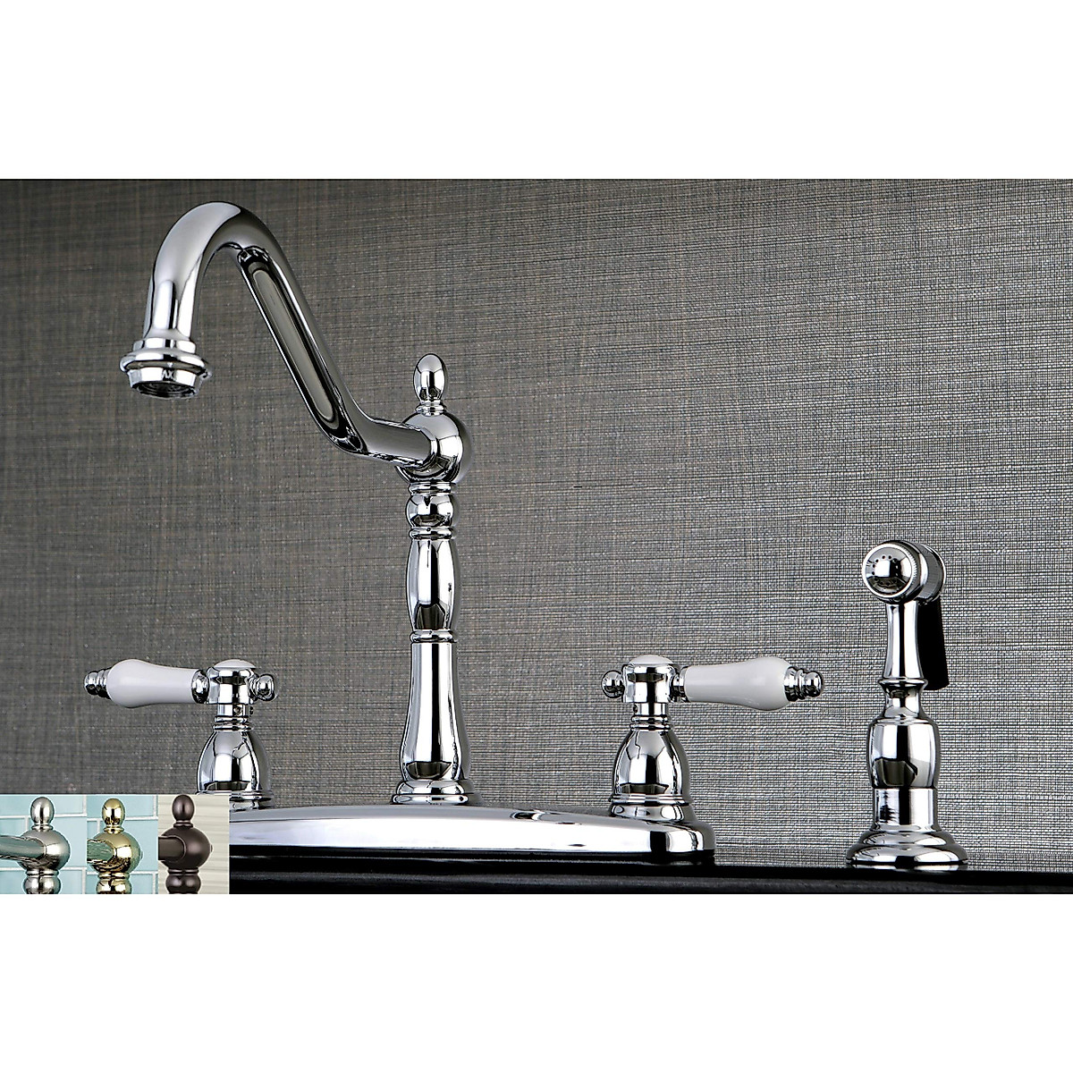 Kingston Brass Vintage Porcelain 8-inch Centerset Kitchen Faucet with Side Sprayer Satin Nickel Satin