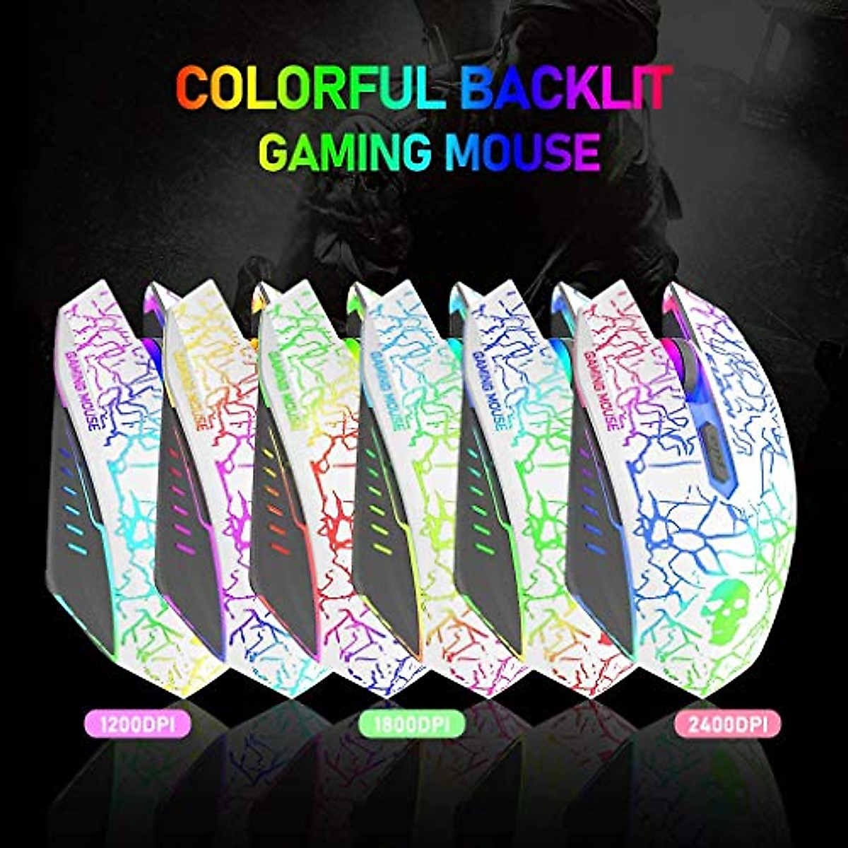 5 in 1 Combo Set Gaming Keyboard and Mouse, 12W HD Horn, Optical Mouse, Gaming Headset, RGB Dazzling Backlight Wired 104 Key Computer Keyboard (White)
