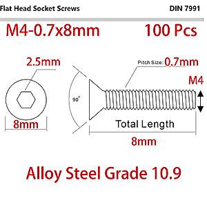 M4-0.7 x 8mm Flat Head Socket Cap Screws,Alloy Steel Grade 10.9, DIN 7991,Black Oxide, Allen Hex Drive,Hex Socket Drive, Fully Thread 100 Pcs