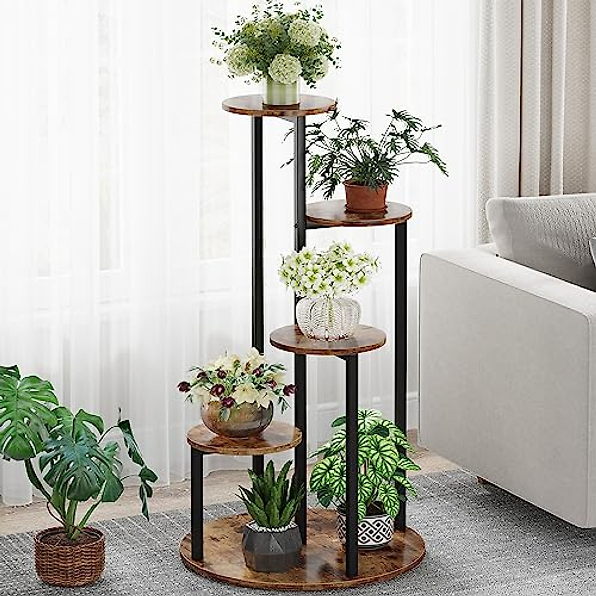 LITTLE TREE 5-Tier Corner Plant Stand, Free Standing Wood Metal Flower Rack Pot Shelf Display with Round Board, Garden Patio Balcony Plant Holder for Indoor Outdoor Living Room, Bedroom, Rustic Brown