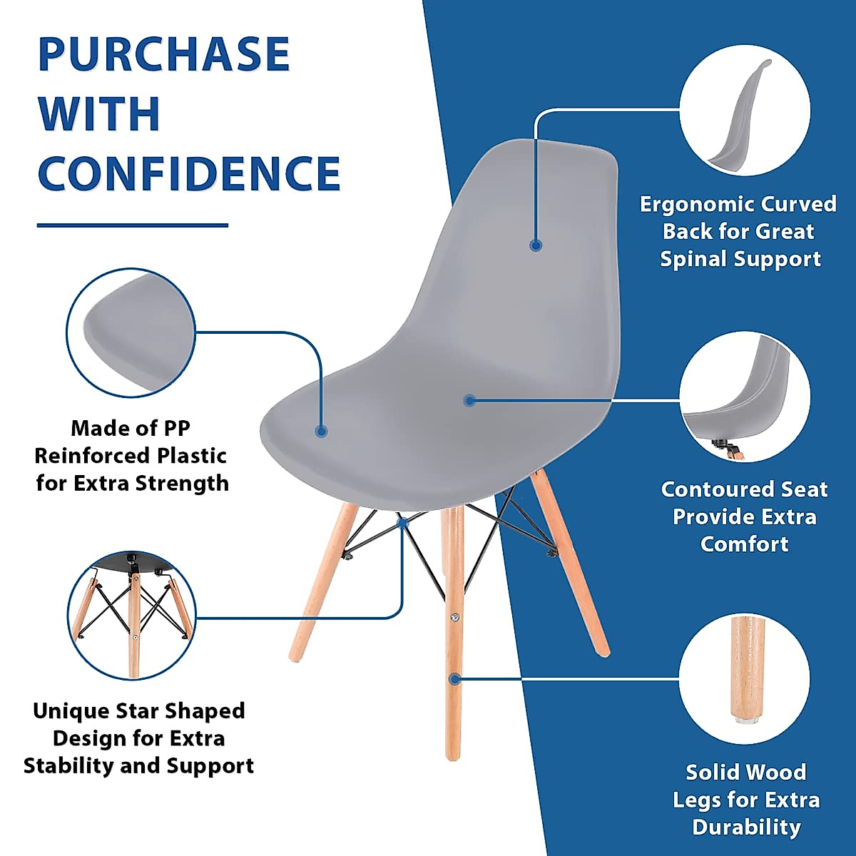 Lifetime Home Mid-Century Modern Dining Chairs Set of 2 - DSW Boho Style Plastic Chair for Living Room Bedroom Office Table Kitchen - Shell Lounge Chair with Wood Legs - Gray