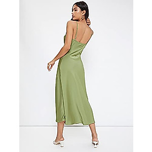 Floerns Women's Spaghetti Strap Cowl Neck Long Slip Satin Silk Midi Dress Green S