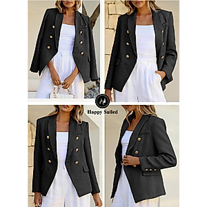 Happy Sailed Dressy Blazers for Women 2025 Classic Fall Long Sleeve Double Breasted Tweed Blazer Jackets Casual Lapel Collar Open Front Business Outfits Work Suits Professional Black Small