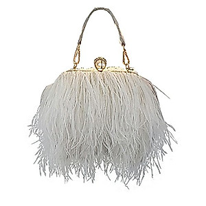 Zakia Real Natural Ostrich Feather Evening Clutch Shoulder Bag Party Bag (A-White)