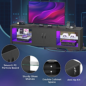 Bestier 70 inch Gaming TV Stand with Power Outlets, LED Entertainment Center for 70/75/80/85 Inch TV, Modern TV Cabinet for PS5 Xbox Console, TV Stand for Living Room Black