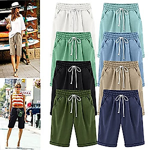 Shorts for Women High Waist Casual Summer, Half Length Printed Linen Short Workout Yoga Short Athletic Short Biker Shorts(White,XL)