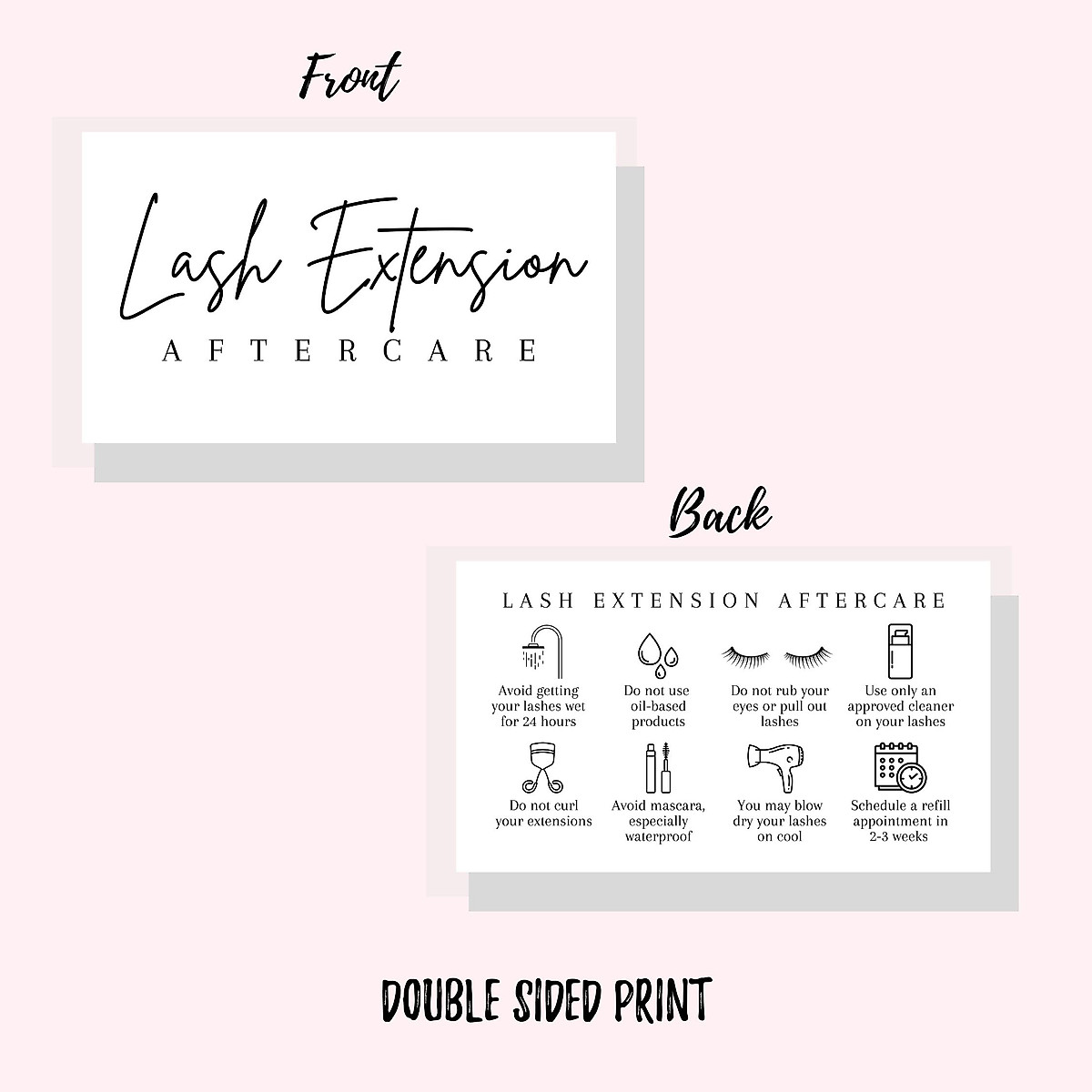 Lash Aftercare Extension Care Cards | 50 Pack | Eyelash False 2 x 3.5” inches Symbols 2-3 Week Refill Instructions Minimalist Gold foil Appearance Pink White and Black How to Care for Your Extensions
