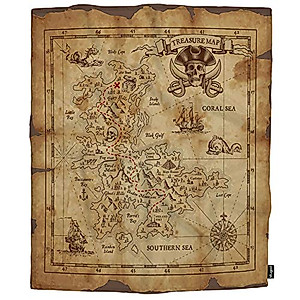 Mugod Map Throw Blanket Treasure Map and Pirate Emblem Sailboat Compass on a Ruined Old Parchment Decorative Soft Warm Cozy Flannel Plush Throws Blankets for Baby Toddler Dog Cat 30 X 40 Inch