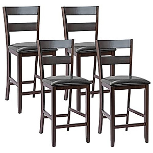 COSTWAY Set of 4 Bar Stools, 25” Counter Height Kitchen Dining Pub Chairs with Soft Padded Seat, PU Leather Cover & Rubber Wood Legs, Suitable for Dining Room, Restaurant & Cafe Store (4)