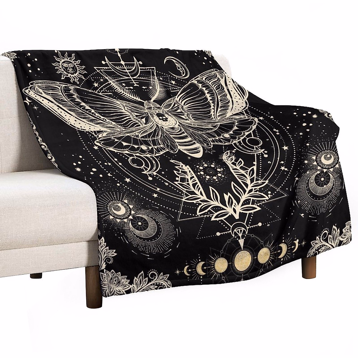 Abstract Moth Florals Flannel Blanket Abstract Gothic Magic Moon Stars Flower Aesthetic Throw Blanket for Kids Girls Teens Bedroom Decor Abstract Magic Florals for Bed Sofa Couch Travel Gift W40"xL50"