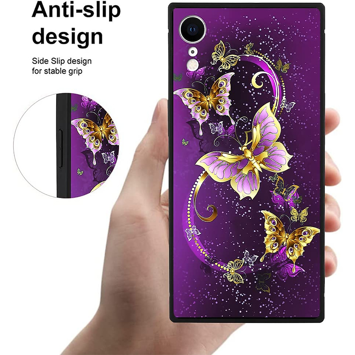 SAKUULO for iPhone XR Case,[Screen Protector + Kickstand] Square Cute Purple Butterfly Print Design Soft TPU Edge Protection Shock Absorption Slim Hard PC Case for iPhone XR 6.1 Inch
