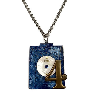 Blue Victorian Steampunk Style Pendant w/Mother of Pearl 1928 Watch Face & the #4 on Silver Finish Chain