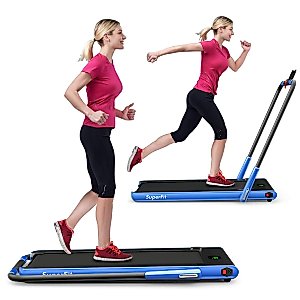GYMAX Walking Pad, 2 in 1 Free Installation Under Desk Treadmill with Smart App, Remote Control & LED Display, 2.25HP Foldable Portable Compact Running Machine for Small Spaces Home Office (Navy)