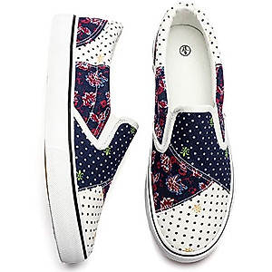 Adokoo Womens Slip on Shoes Canvas Shoes for Women Casual Low Top Sneakers Comfortable Walking Loafers(Black dot Patchwork,US7)