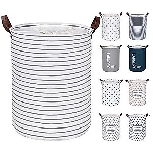 FRIENDIY Large Laundry Hampers (9 Colors), Removable Laundry Basket,foldable fabric laundry basket, drawstring waterproof round cotton linen storage basket. (White Strips, Thickened 19"/Large)