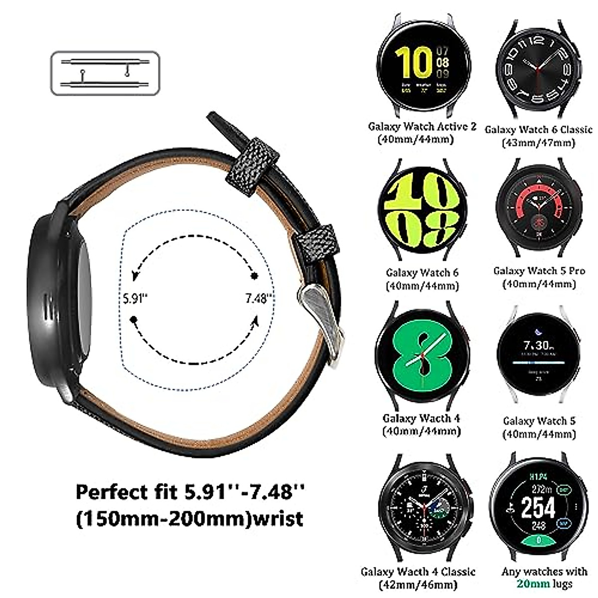 Leather Bands Compatible with Samsung Galaxy Watch 5/4 40mm 44mm/Watch 5 Pro 45mm/Watch 4 Classic 42mm 46mm, 20mm Luxury Retro Leather Straps for Galaxy Active 2 40mm 44mm/Watch 3 41mm Women Men
