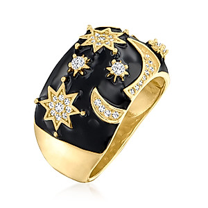 Ross-Simons 0.40 ct. t.w. White Topaz and Black Enamel Celestial Ring in 18kt Gold Over Sterling. Size 8
