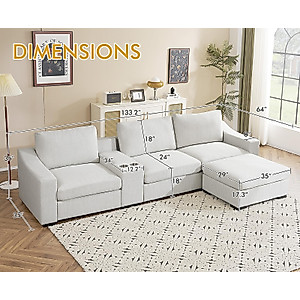 ELUCHANG Oversized Sectional Fabric Sofa with Console, 2 Cup Holders and Storage Space, Large L Shaped Couch, Sofa Covers Removable, 133.2 inch Width, 4 Seat Modular Sofa for Living Room, Linen, Ivory