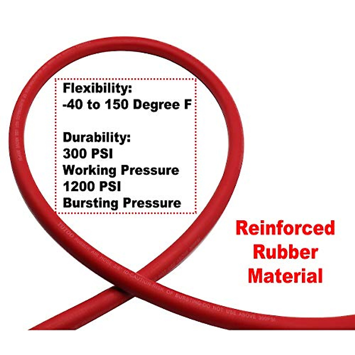 YOTOO Rubber Lead-in Air Hose 3/8-Inch by 6-Feet 300 PSI Heavy Duty, Kink Resistant, All-Weather Flexibility with 1/4-Inch Brass Male Fittings, Bend Restrictors, Red