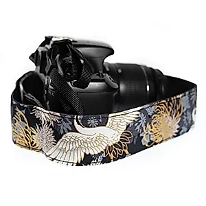 Art Tribute Black Camera Strap Crane Gold Foil Vintage Style For All DSLR Cameras. Embroidered, Universal Classic Neck & Shoulder Strap, Animal Pattern, Best Gift for Photographers Men & Women