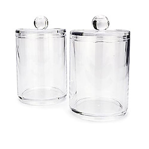 Brookstone BKH1482 2 Pack Qtip Holder, Cotton Swab Storage Dispenser, Jars with Lids, Minimalistic Bathroom Organizer, Acrylic 2