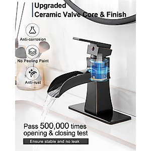 HOIGY Bathroom Waterfall Faucet, Brass Oil Rubbed Bronze Bathroom Faucet Single Handle, 4 Inch Bathroom Sink Faucet 1 Hole or 3 Holes, Bathroom Faucets with Pop-Up Drain & Deck Plate for RV Farmhouse