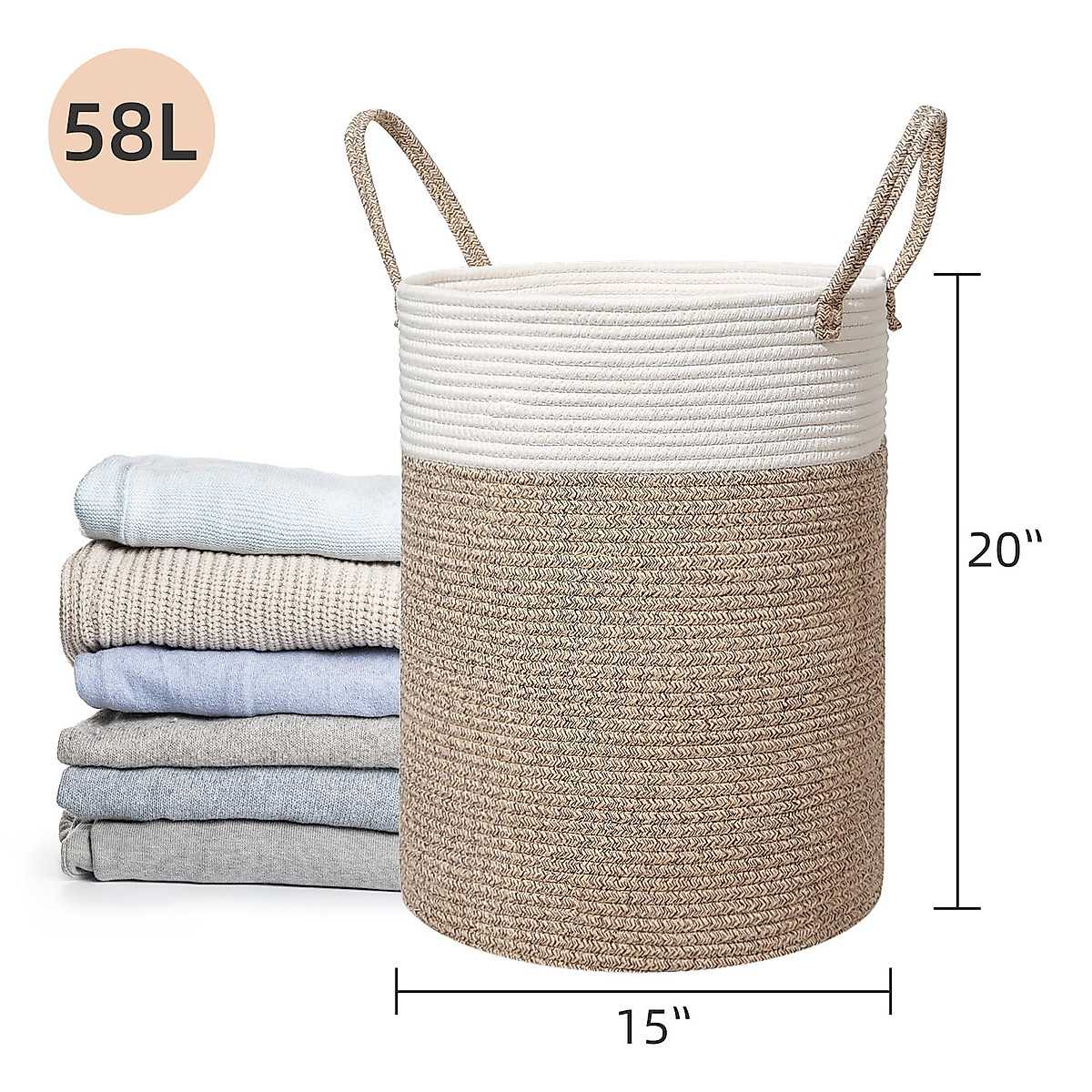 Woven Laundry Basket Laundry Hamper for Bedroom, Dirty Clothes Hamper Tall Basket, Boho Laundry Basket Nursery Hamper, 58l Large Laundry Hamper Dirty Clothes Basket Clothes Hampers for Laundry Blanket