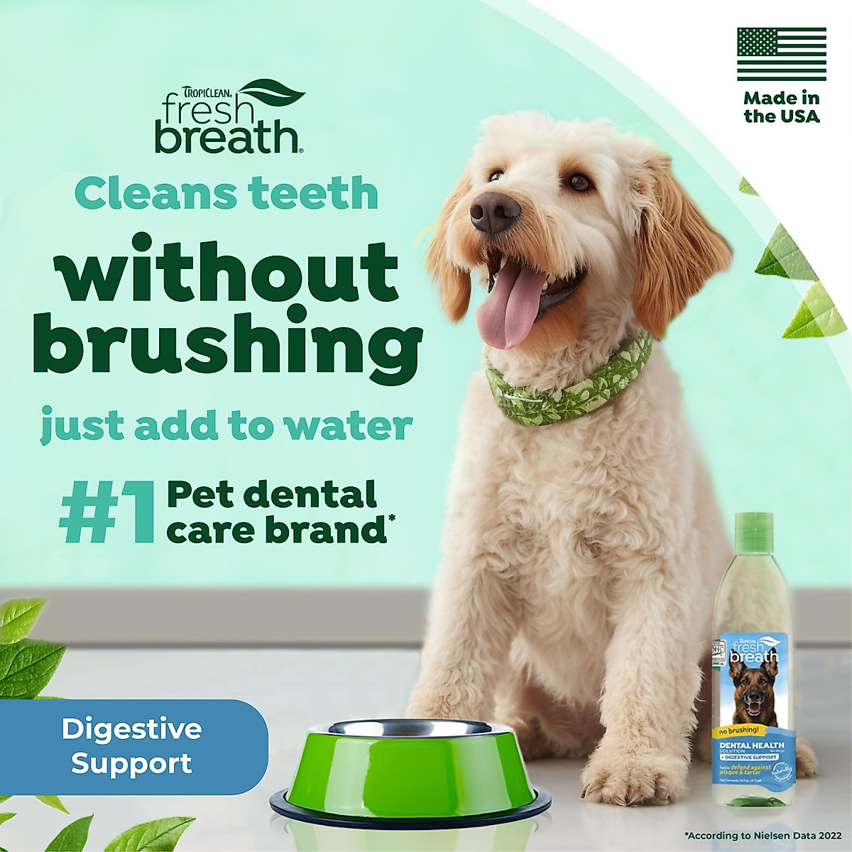 TropiClean Fresh Breath Plus Prebiotics for Digestive Support | Dog Breath Water Additive | Dental Care | Dog Breath Freshener | Simple Pet Teeth Cleaning | Made in USA | 16 oz