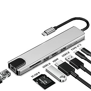 USB C Hub, 8-in-1 USB C Adapter with 4K, USB-C to Type-C USB 3.0 Hub RJ45 Ethernet Mini SDTF OTG Adapter
