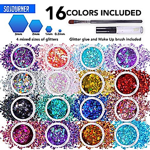 Chunky Holographic Body Glitter I 16 Colors + Glitter Glue for Face Glitter Makeup, Hair, Eye & Fine Glitter Eyeshadow - Perfect for Halloween, Slime, Resin, Tumblers, Craft, Cosmetic & Nail Art