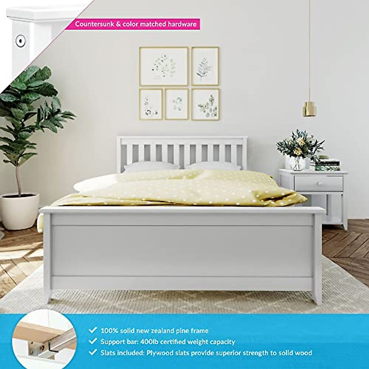 Max & Lily Full Bed, Wood Bed Frame with Headboard For Kids, Slatted, White