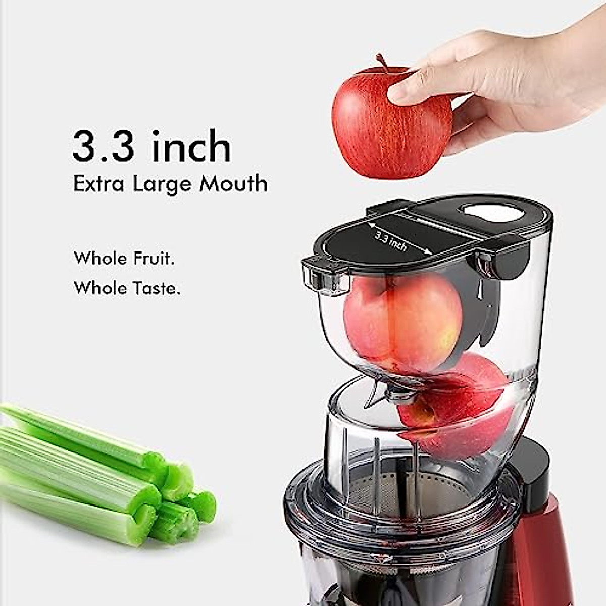 Hervigour Slow Masticating Juicer Machine, 3.2" Wide Chute Cold Press Juice Extraction for Fruits and Vegetables, BPA-Free and Easy to Clean, Perfect Celery Juicer - Red